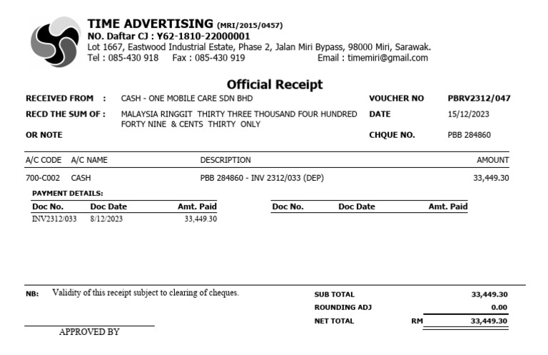 Ta - Inv 2312-033 - Cash (One Mobile) - or (Dep) | PDF