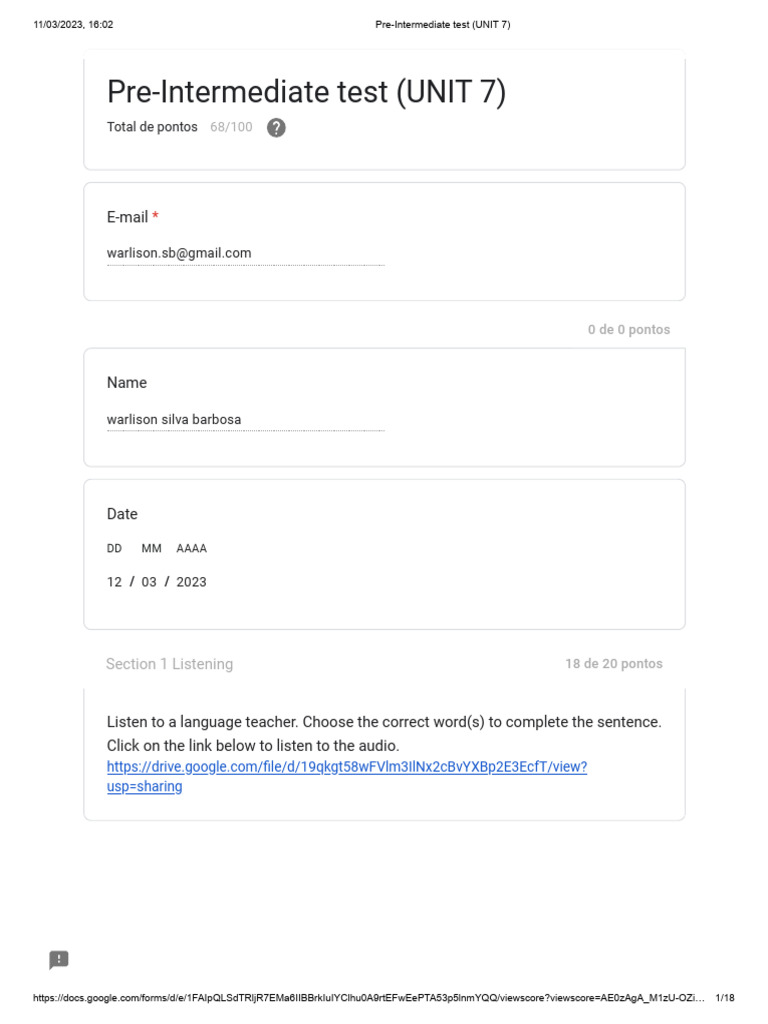 Pre-Intermediate Test (UNIT 7) | PDF
