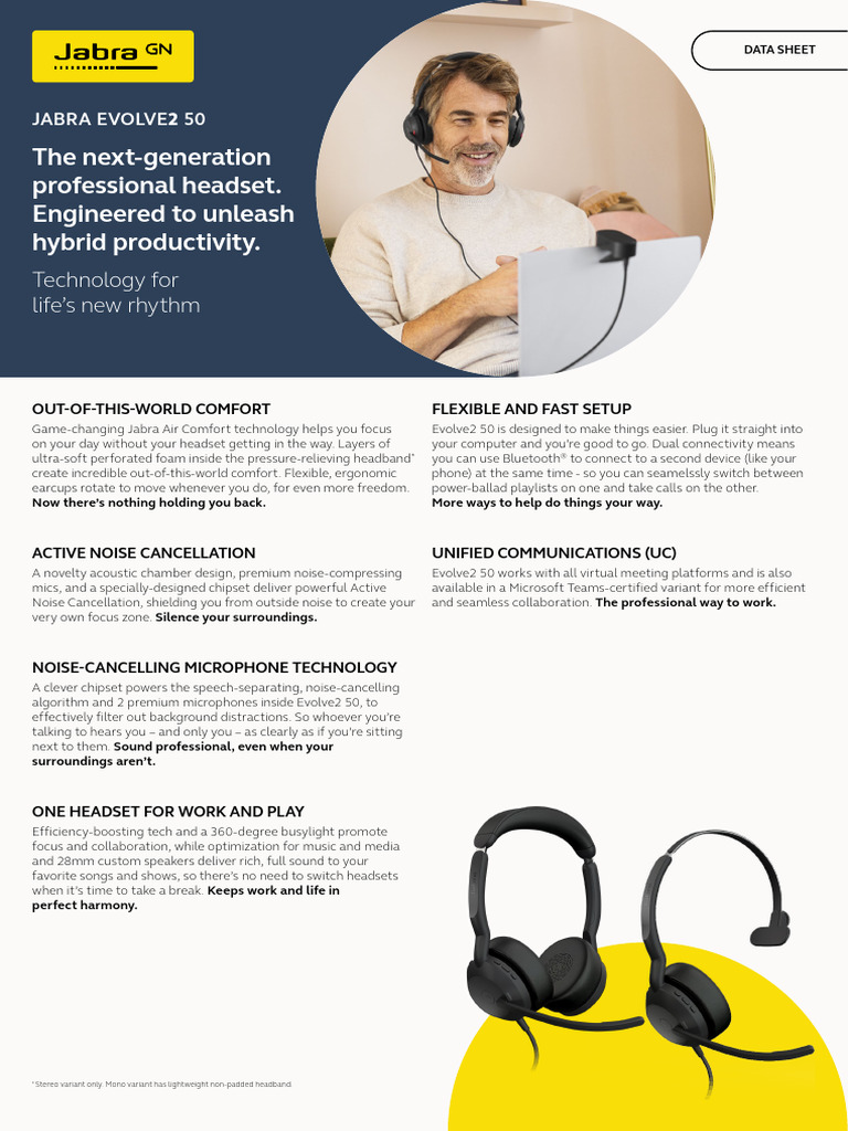 EN Jabra Evolve2 50 Data Sheet A4 WEB 310323 WEB | PDF | Usb | Computing