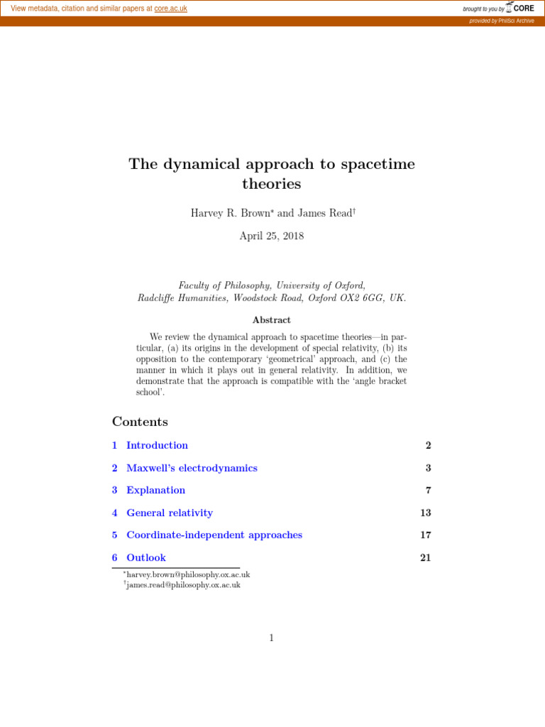 The Dynamical Approach To Spacetime Theories: Harvey R. Brown and James Read April 25, 2018 ...