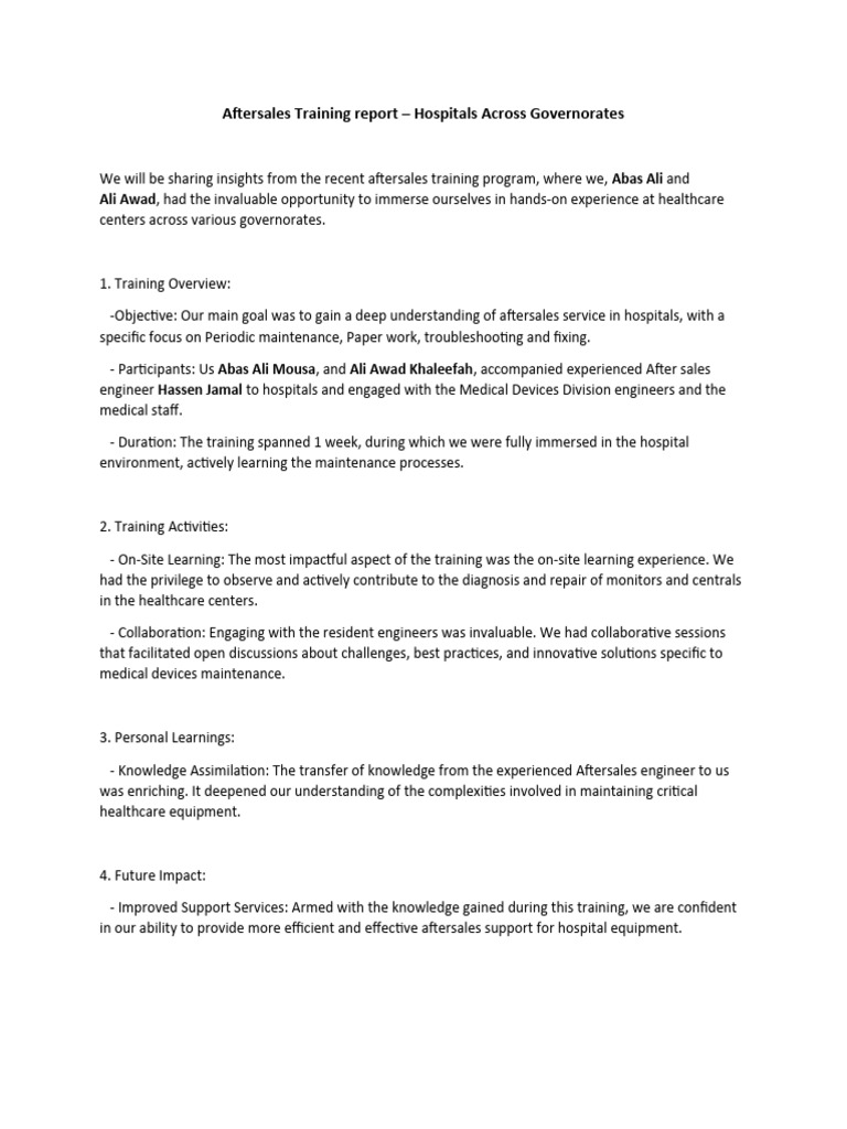 Aftersales Training Report | PDF | Hospital | Learning