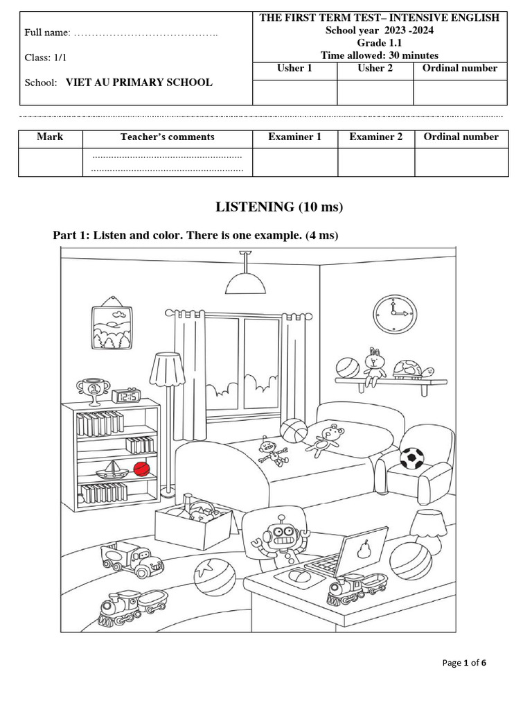 CHUAN - Grade 1.1 - Listening-Reading & Writing 1st Term Test | PDF ...