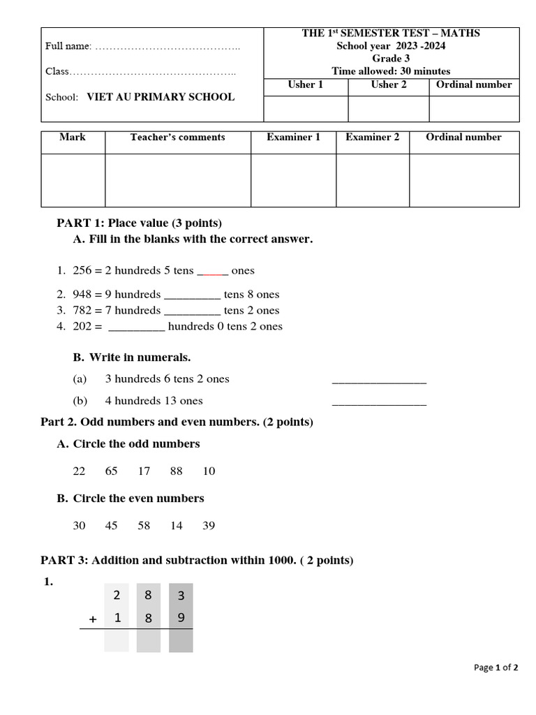 Grade 3 Maths Test | PDF