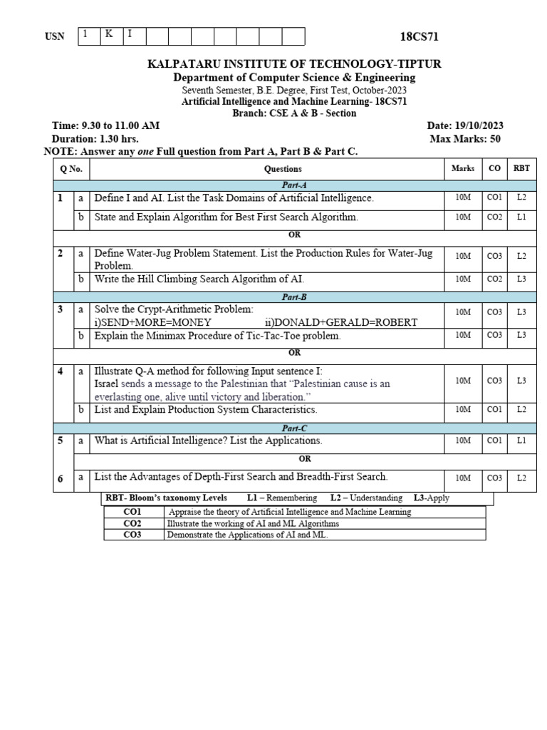 Ay23-24 18CS71 Aiml QP1 | PDF | Intelligence (AI) & Semantics | Artificial Intelligence