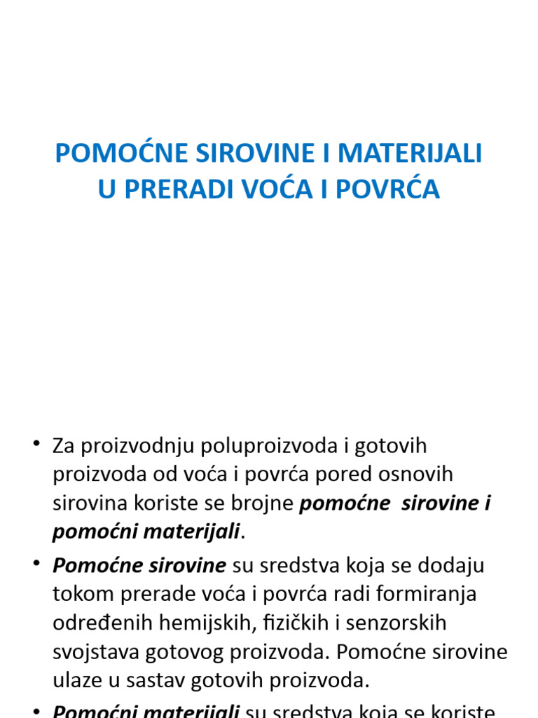 Pomoćne Sirovine U Preradi Voća I Povrća | PDF