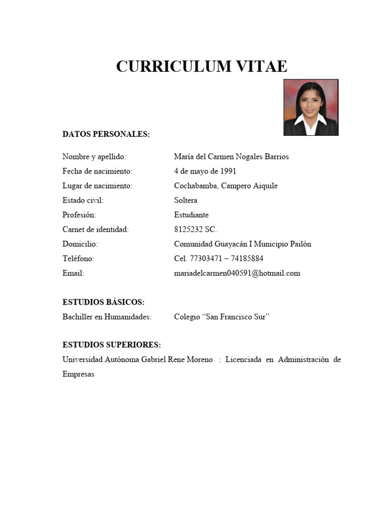 Currículum Vitae de María del Carmen | PDF | Crecimiento personal y ...