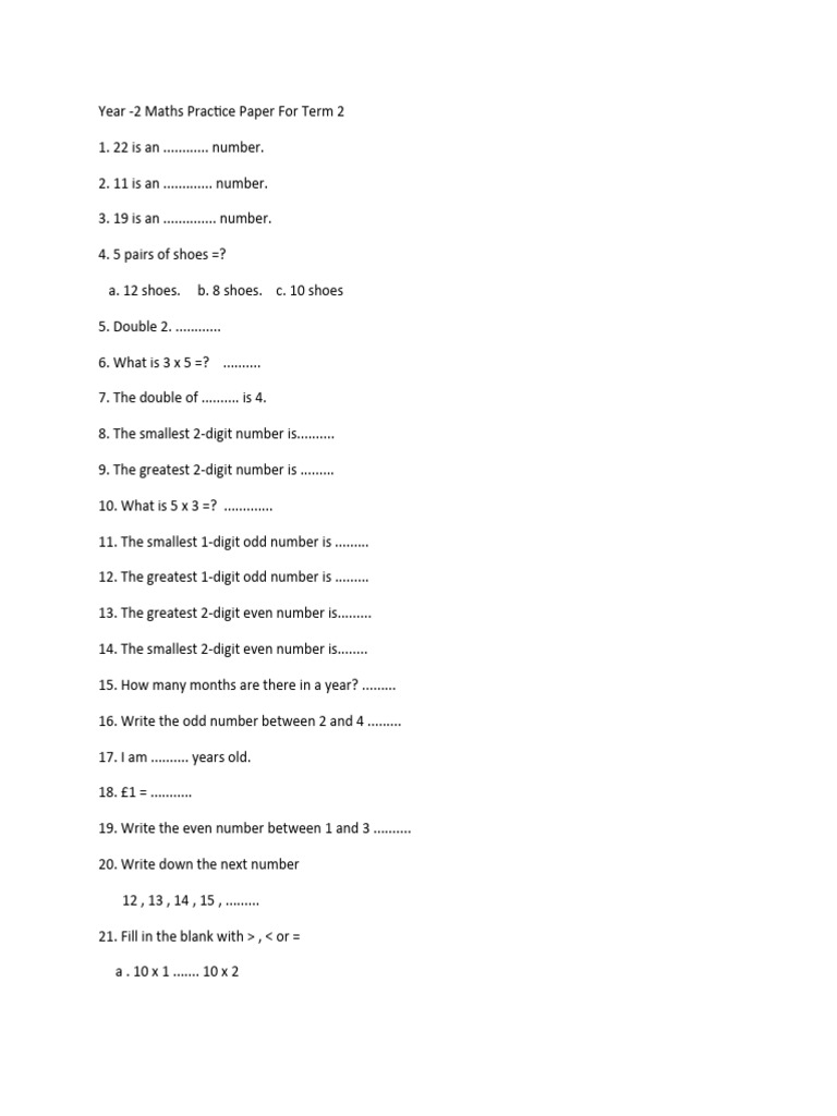 Year 2 Maths Term 2 Practice Paper Pdf