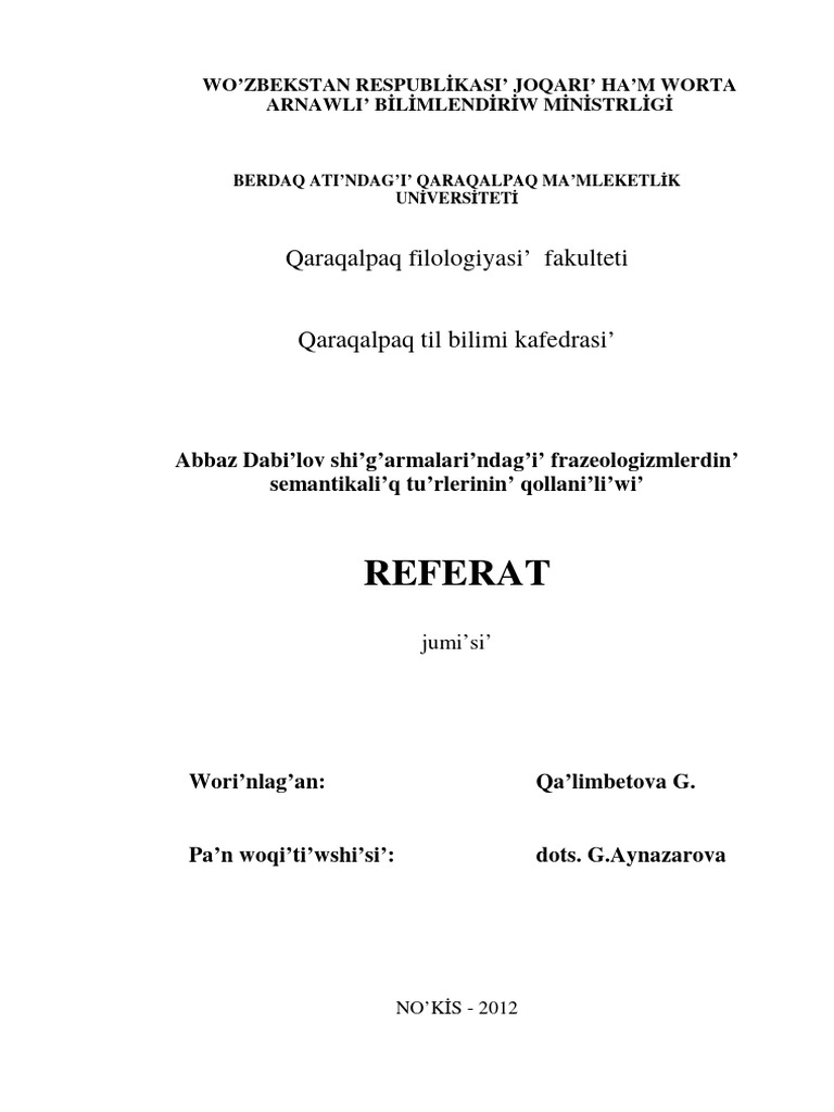 Referat: Qaraqalpaq Filologiyasi' Fakulteti | PDF