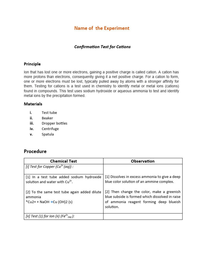 Cation Lab Report | PDF | Hydroxide | Ion