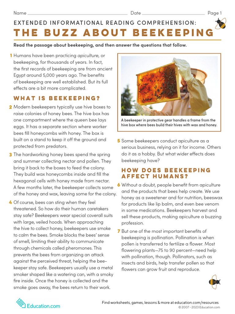 Extended Informational Reading Comprehension The Buzz About Beekeeping | PDF | Beekeeping ...