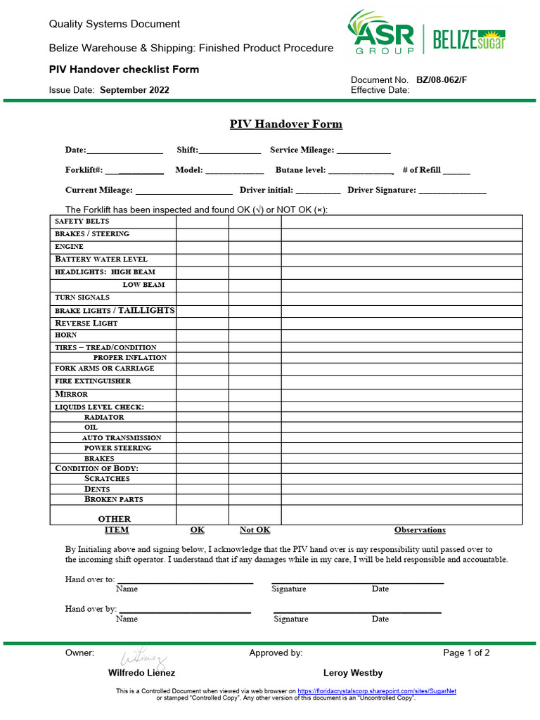 BZ-08-062-F Forklift Handover Checklist Form | PDF | Forklift | Private ...