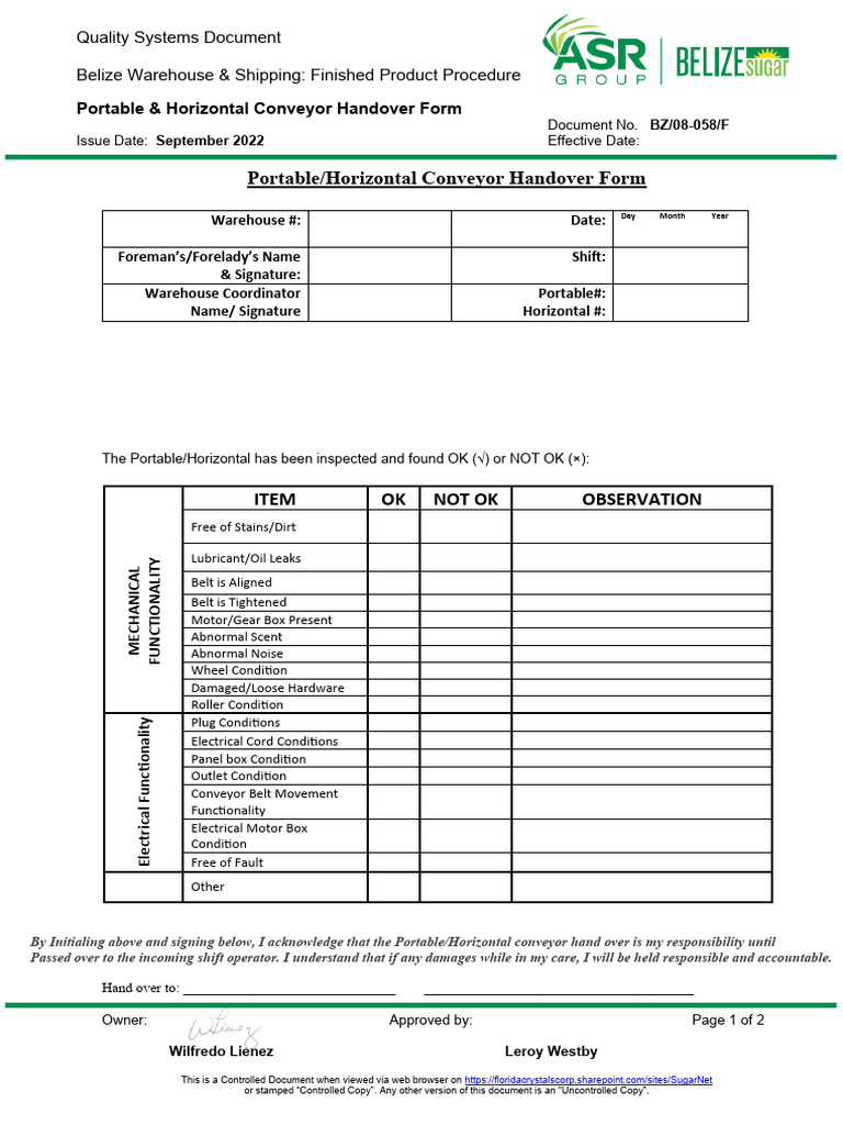 BZ-08-058-F Portable -Horizontal Conveyor handover form | PDF ...