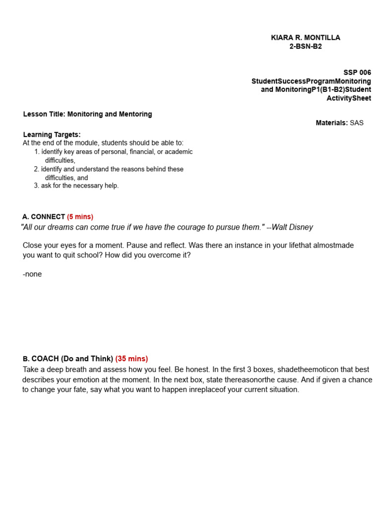 SSP 006 - Monitoring and Mentoring (B1-B2) - (SAS) | PDF | Teachers | Psychology