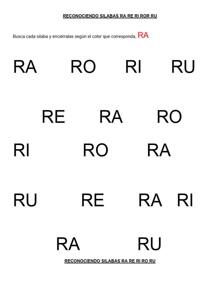 Silabas RA RE RI RO RU para Imprimir | PDF