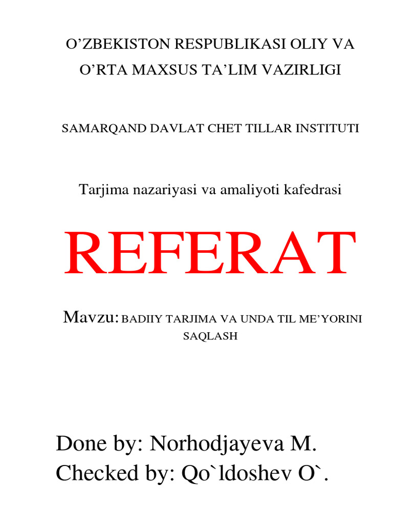 Referat: Done By: Norhodjayeva M. Checked By: Qo'ldoshev O' | PDF
