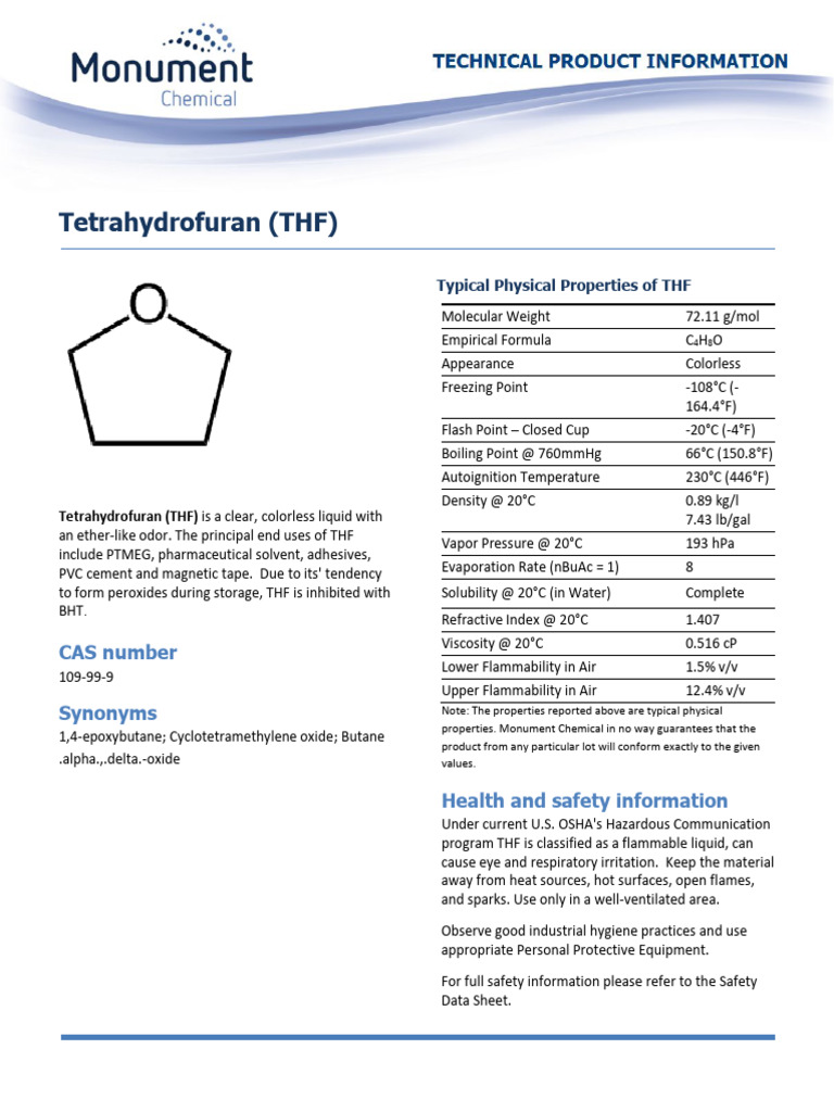 THF_TDS(1) | PDF | Tetrahydrofuran | Chemical Substances