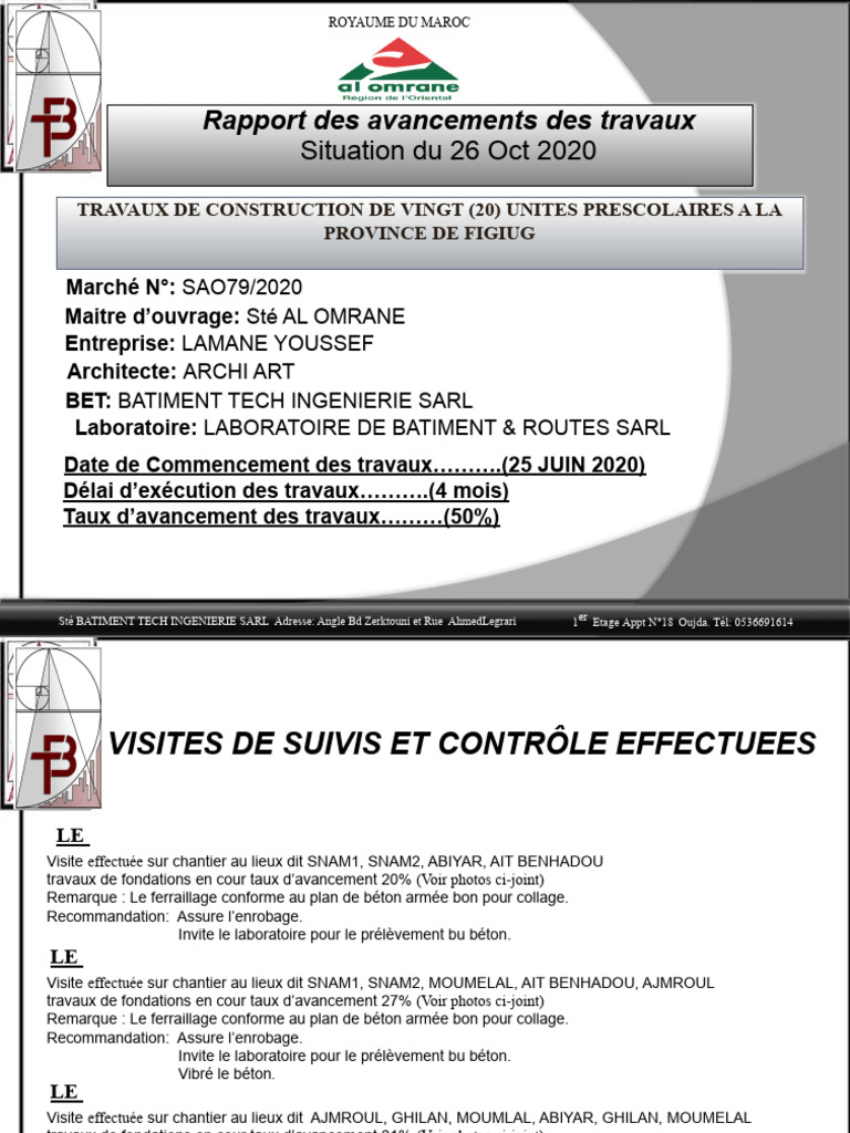 Rapport Des Avancements Des Travaux | PDF