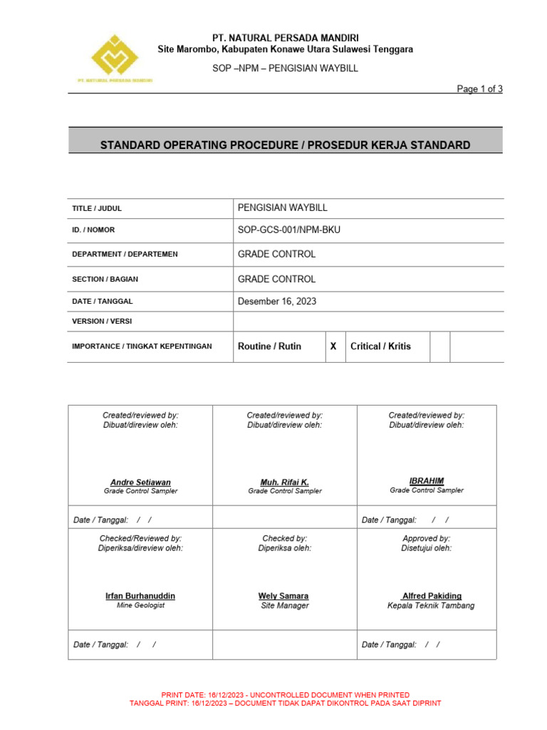 SOP-GCS-001 Pengisian Waybill NPM | PDF