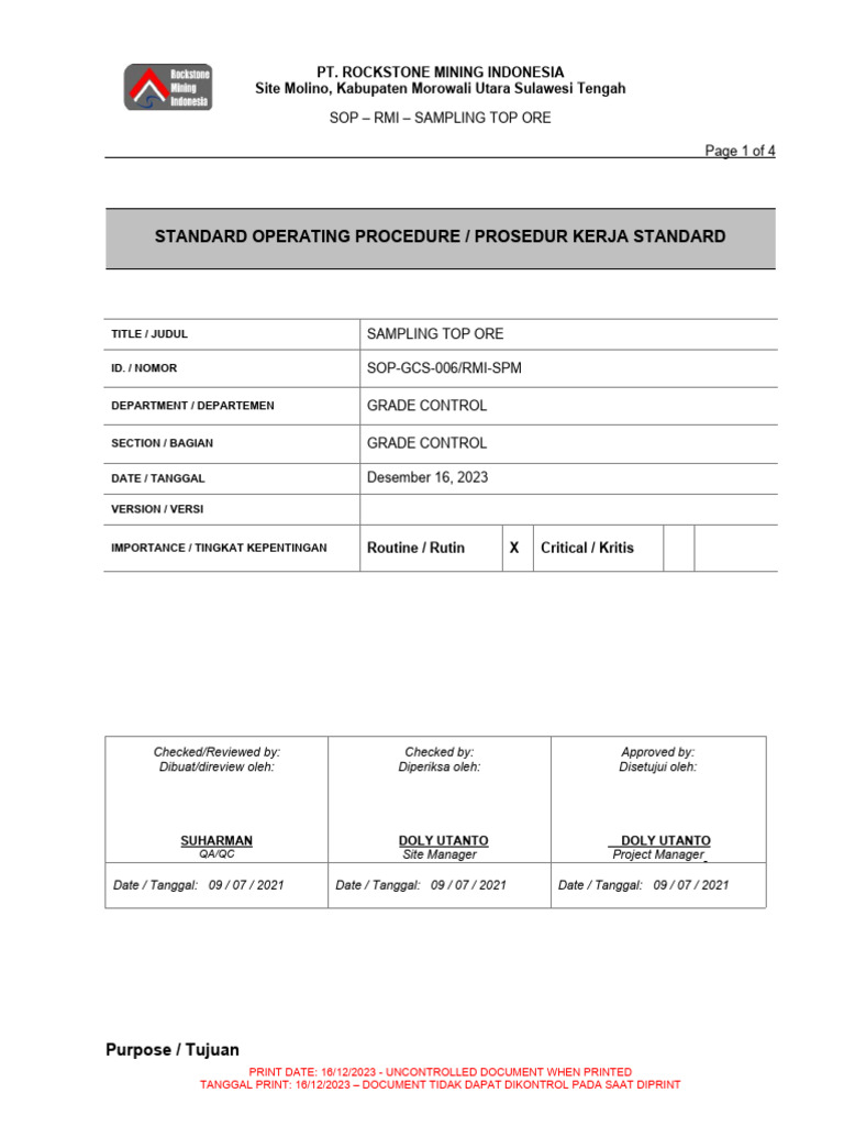 SOP-GCS-006 Sampling Top Ore NPM | PDF