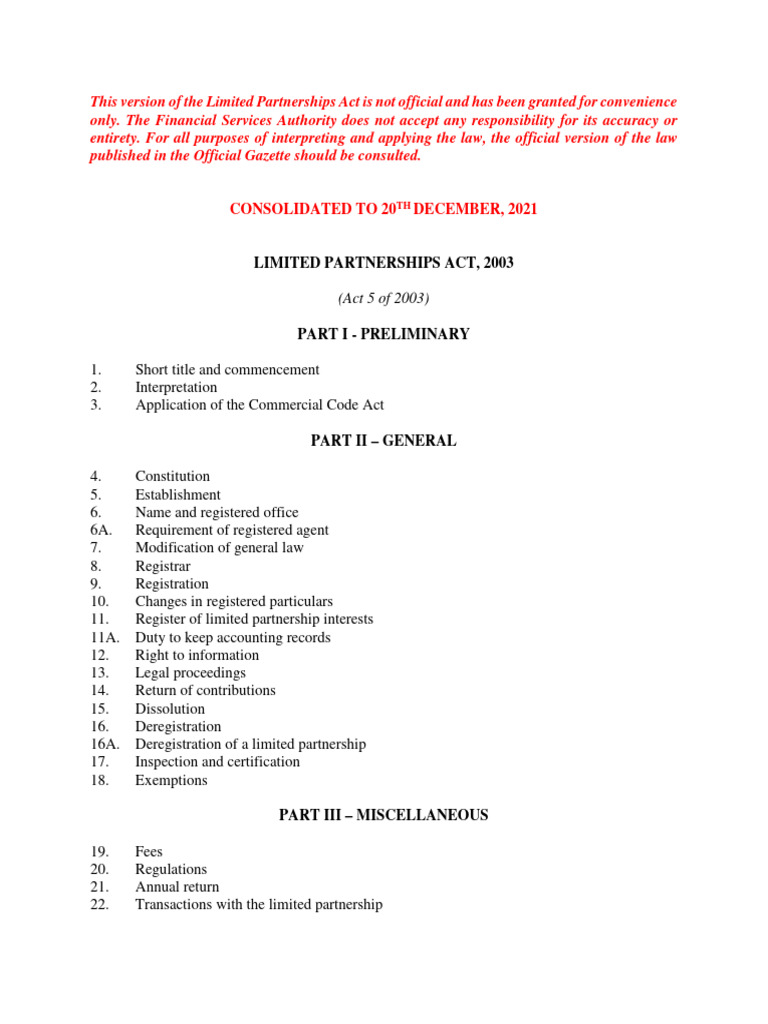 Consolidated Limited Partnerships Act 2003 To 20th December 2021 | PDF ...