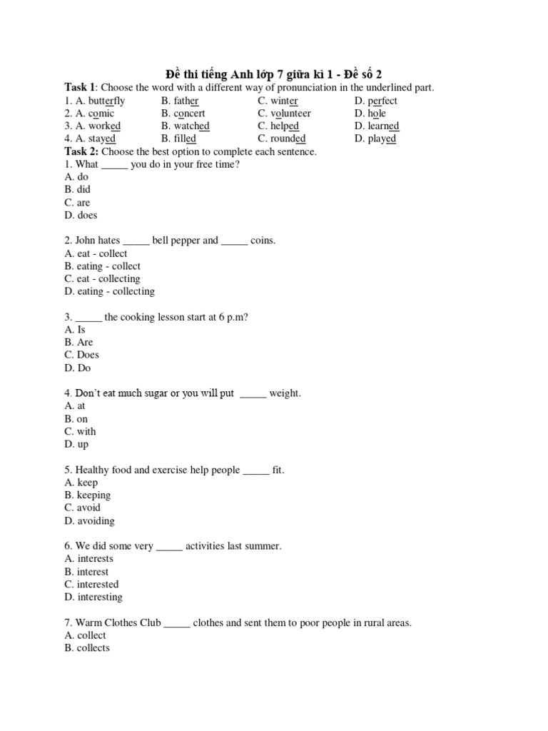English Test for 7th Grade Midterm | PDF