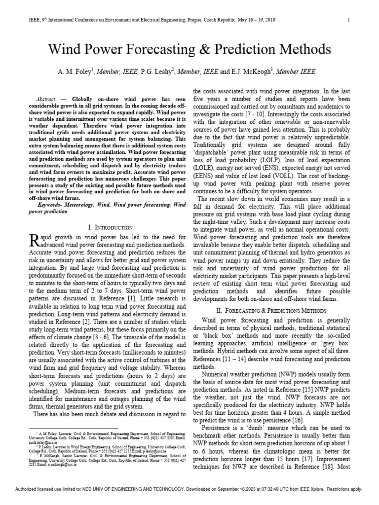 Wind Power Forecasting Amp Prediction Methods | PDF | Numerical Weather Prediction | Wind Power