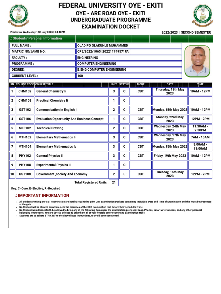 Course Registration Form - Oladipo Olakunle Muhammed - SECOND Semester 2022 - 2023 | PDF