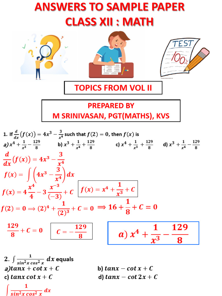 Answers To Sample Paper - Vol Ii Topics Class Xii | PDF | Coordinate ...