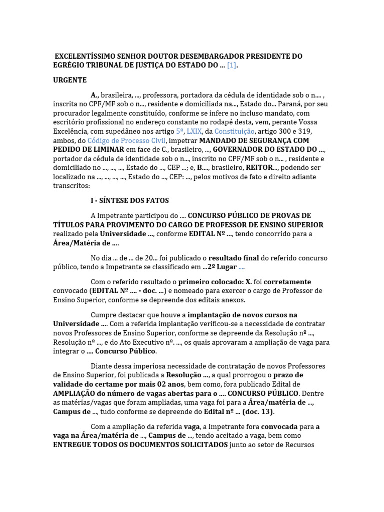 Modelo Mandado de Seguranca Concurso Publico | PDF | Mandamus | Governo