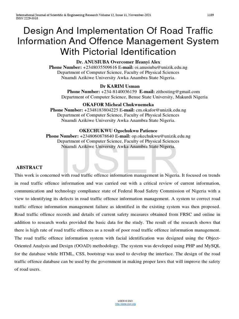 Design and Implementation of Road Traffic Information and Offence Management System With ...