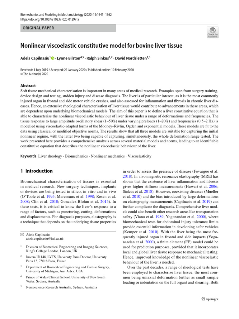 Nonlinear Viscoelastic Constitutive Model For Bovine Liver Tissue Pdf