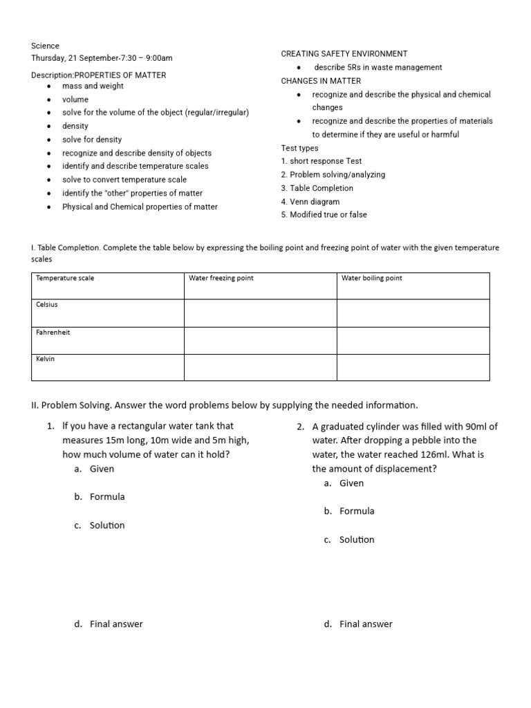 Grade 5 Science Q1 Reviewer | PDF | Temperature | Density