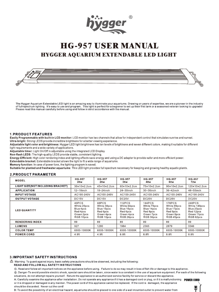 Hygger 957 User Manual Pdf