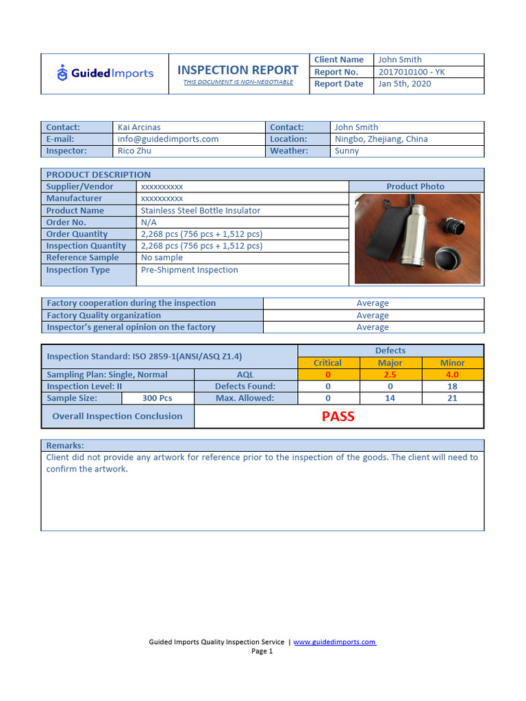 Sample Report Inspection Report Consumer Grade Product | PDF