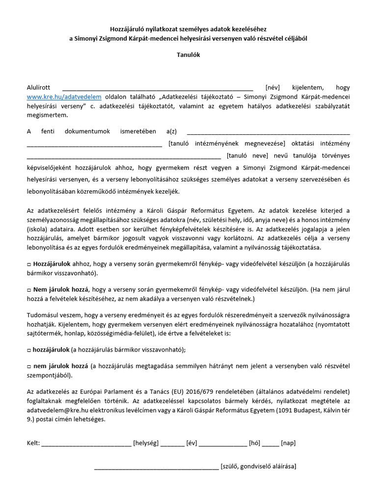 Hozzajarulo-nyilatkozat-szemelyes-adatok-kezelesehez-tanuloknak | PDF Hozzajarulo-nyilatkozat-szemelyes-adatok-kezelesehez-tanuloknak | PDF