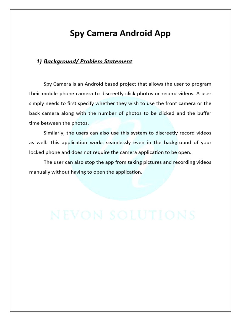 Spy Camera Android App: 1) Background/ Problem Statement | PDF | Camera | Smartphone