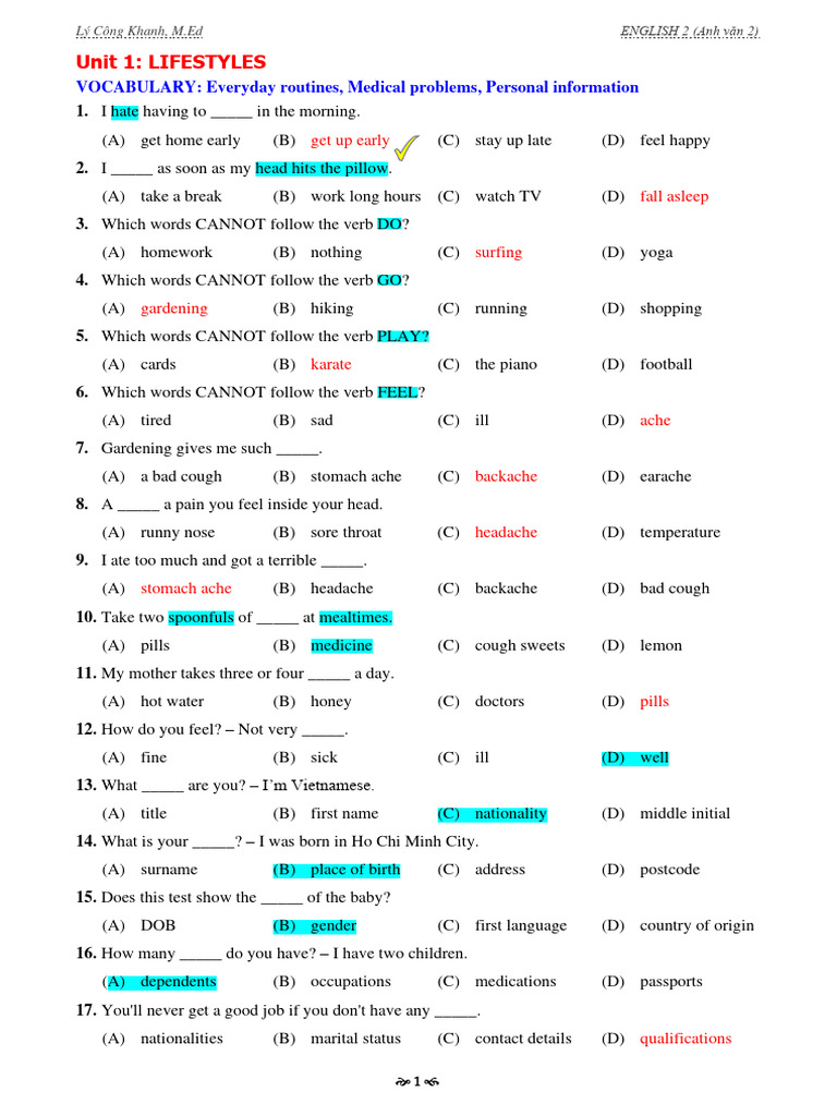 Anh Văn 2 (LIFE A2-B1) - Vocab Grammar Exercises (Đáp Án) | PDF | Sports
