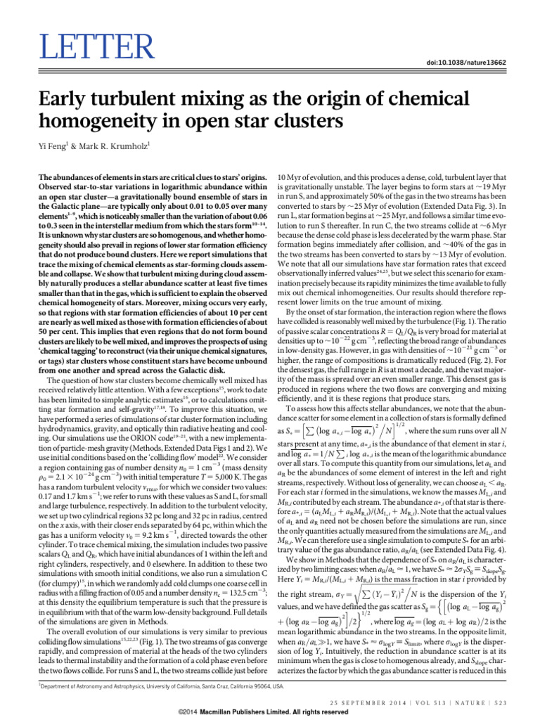 Early Turbulent Mixing As The Origin Of Chemical Homogeneity In Open Star Clusters Pdf