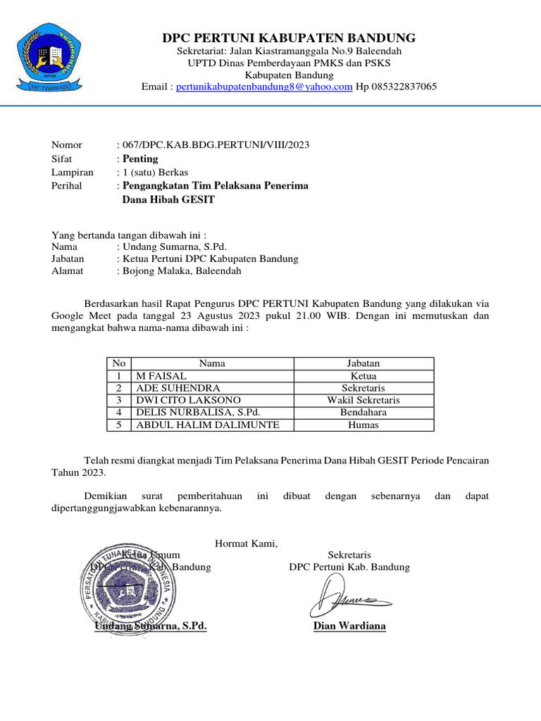 SK Pengangkatan Tim Pelaksana Penerima Dana Hibah GESIT | PDF