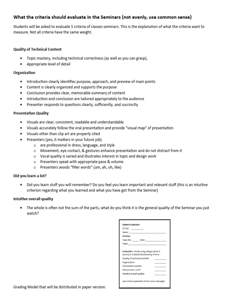 Seminar Evaluation Criteria Pdf