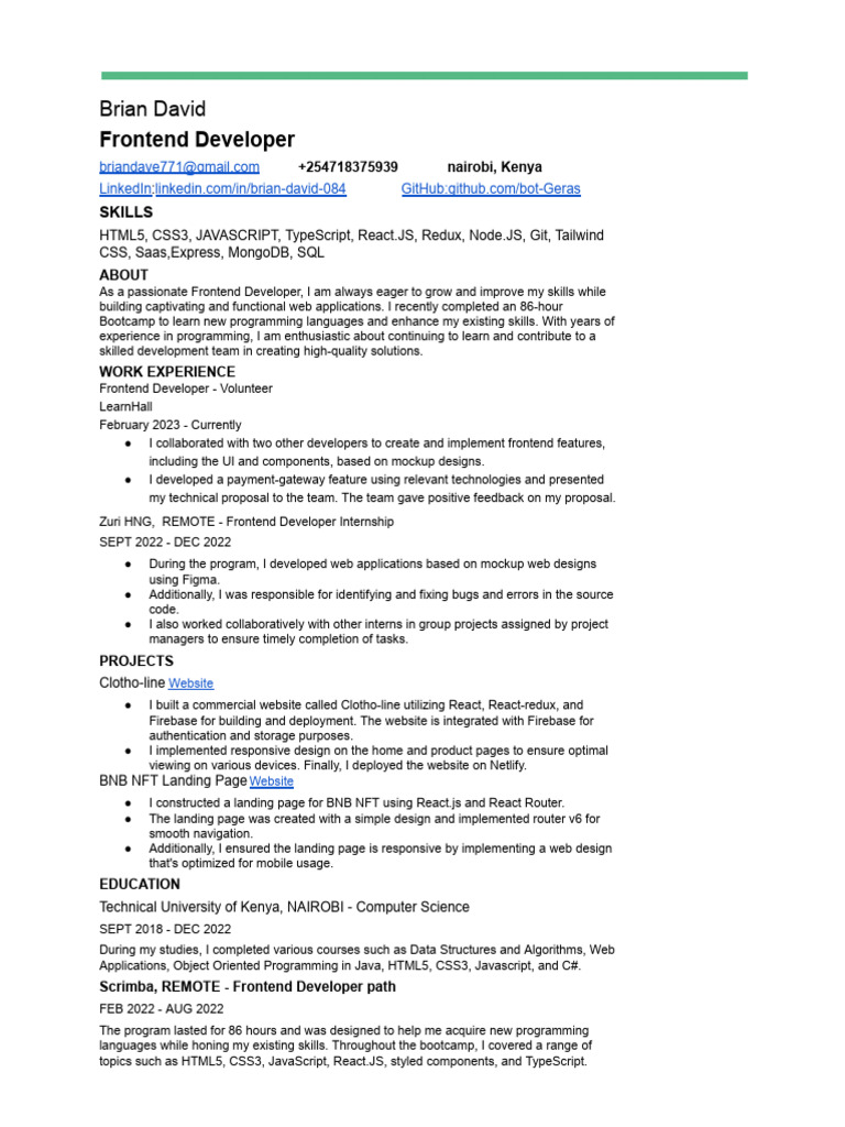 Brian+David CV | PDF | Java Script | Computer Programming