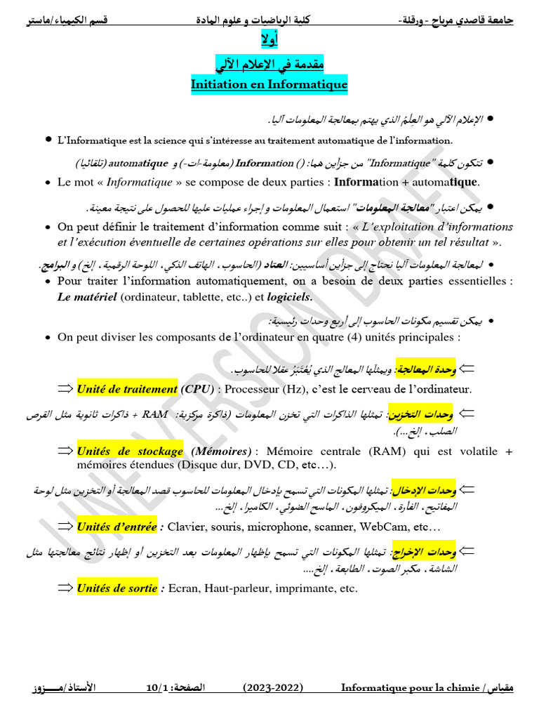 1-Enseignement Sur Ordinateur - Initiation en Informatique - Master1 ...