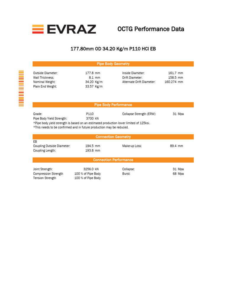 4.cc Evraz EB 177.8 OD 34.23 KGM P110 HCI EB Data Sheet | PDF