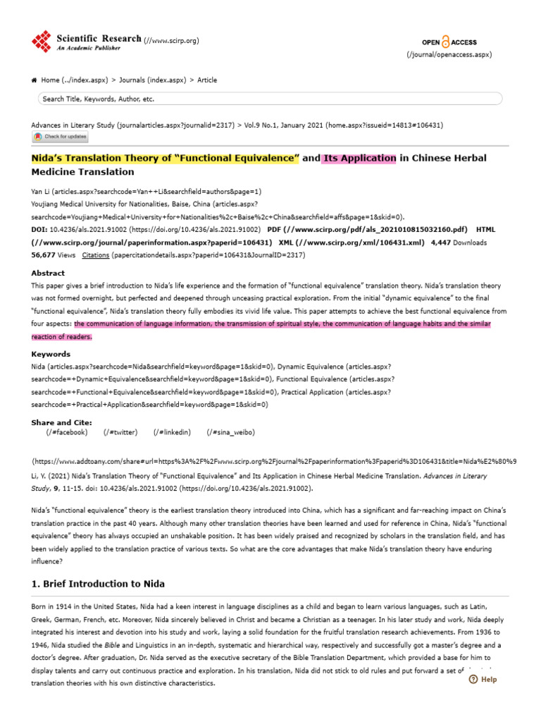 Nidas Translation Theory Of Functional Equivalence And Its Application In Chinese Herbal