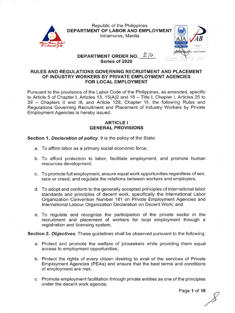 DO 216-20 Rules and Regulations Governing Recruitment and Placement of ...