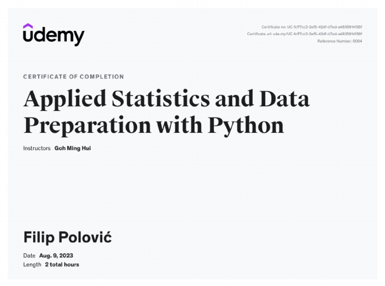 Certificate Applied Statistics and Data Preparation With Python | PDF