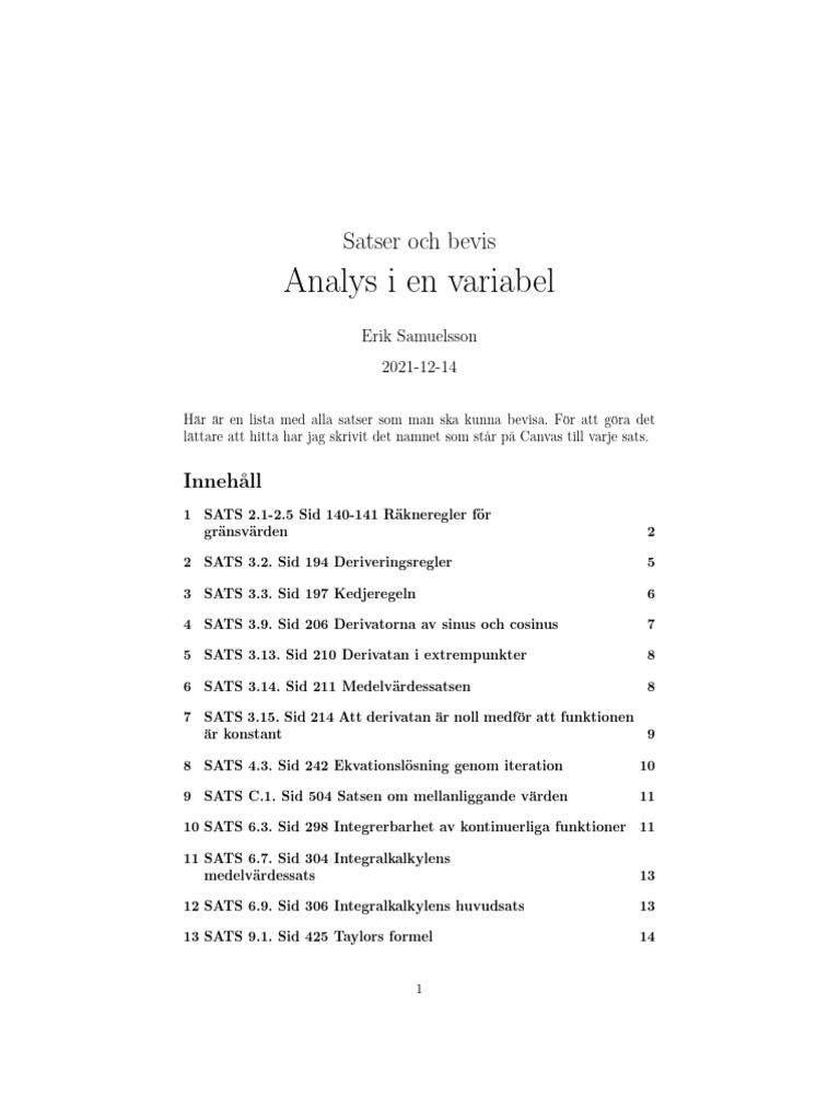 Satser Och Bevis Analys I en Variabel | PDF