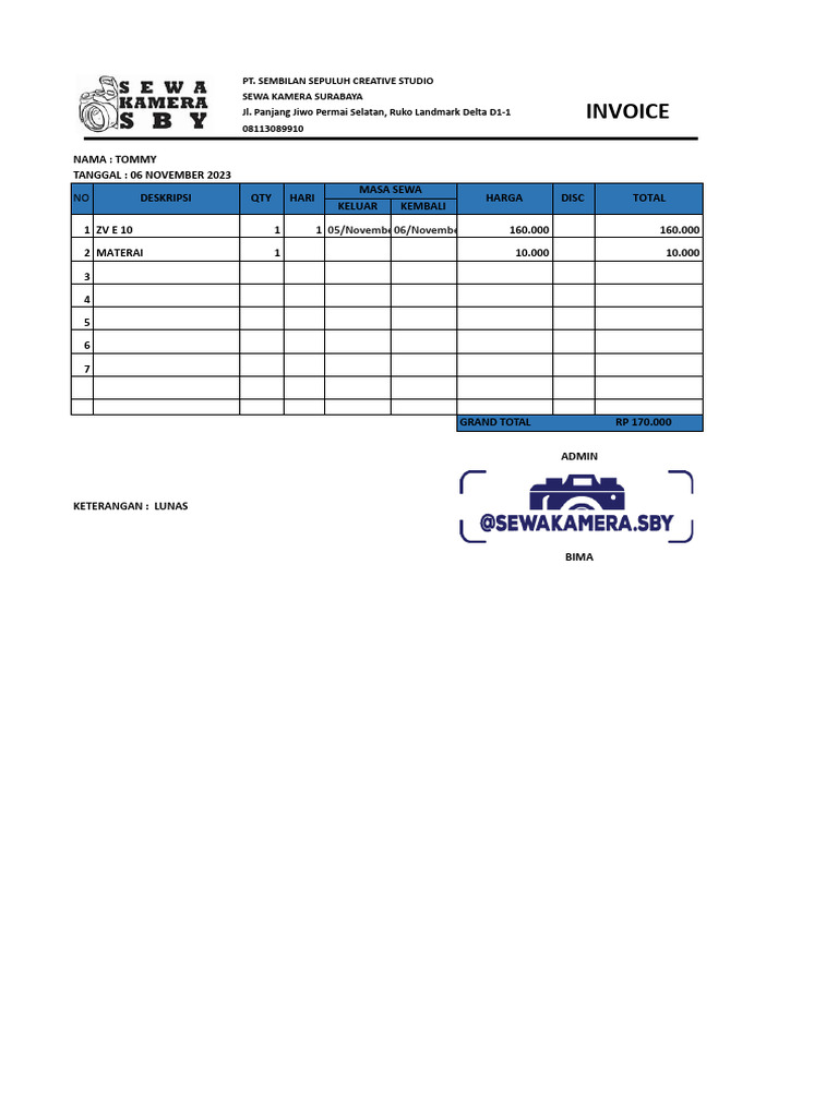 INVOICE SEWA KAMERA - Sheet1 | PDF