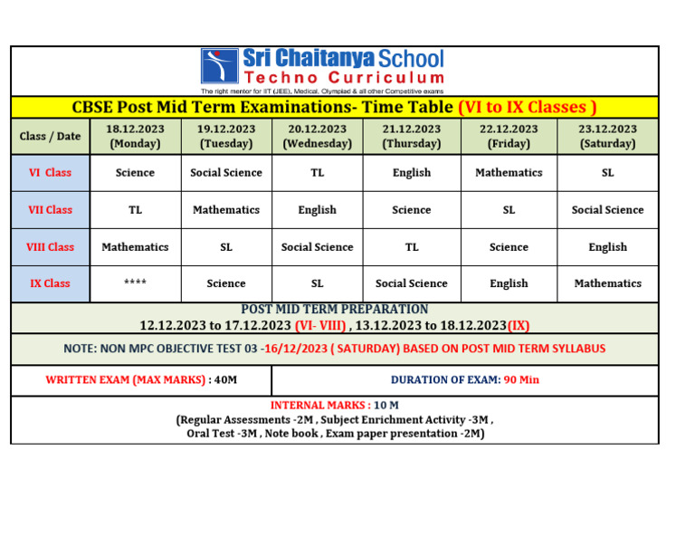 CBSE Post Mid Term Exam Time Table (North) | PDF