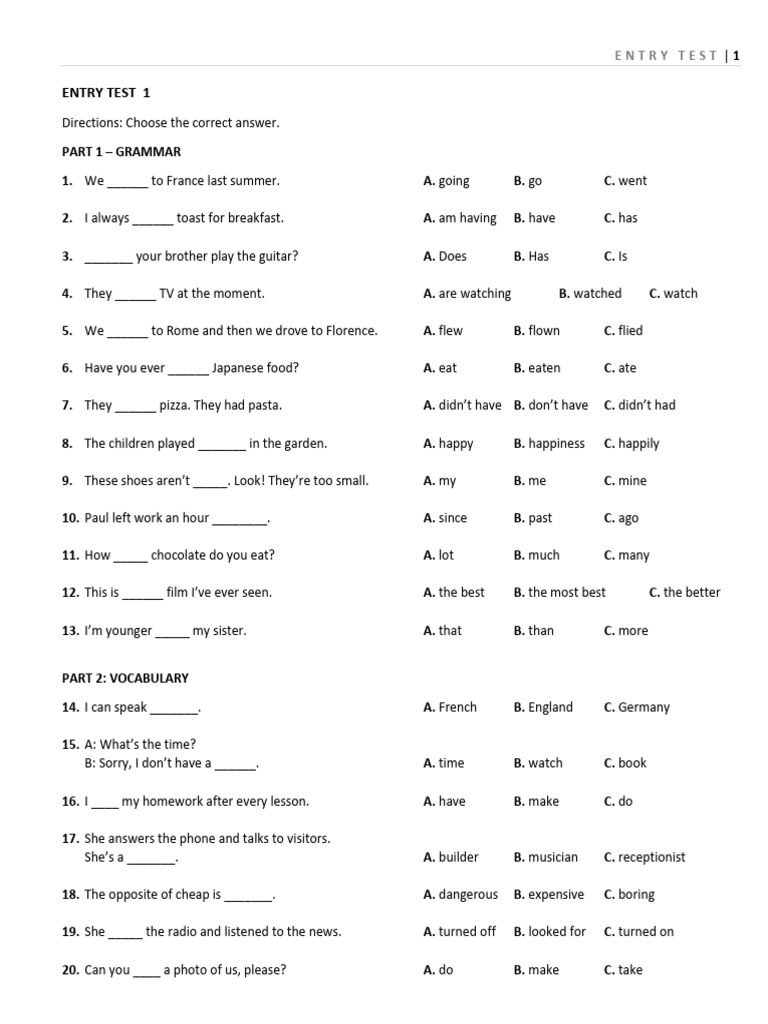 English Entry Test: Grammar & Vocabulary | PDF | Home & Garden